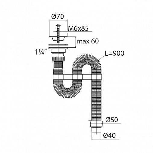 Сифон гофрированный VIRPlast Vir, с хомутом, 1 1/4" x 50/40 мм, 900 мм ...