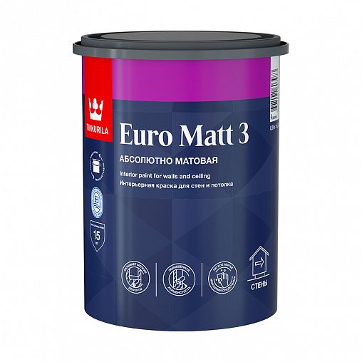 Краска интерьерная Euro Matt-3 (Евро-3) TIKKURILA 0,9л белый (база А ...